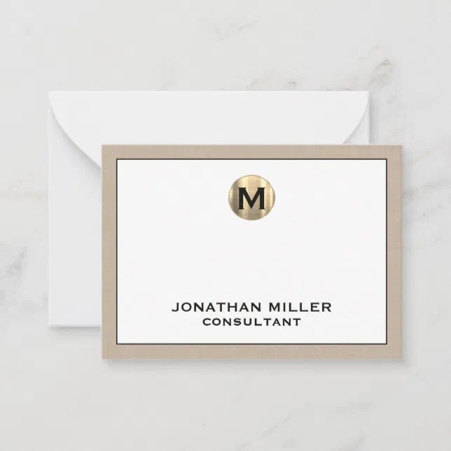 Beige Linen Gold Initial Monogram Note Card | Zazzle