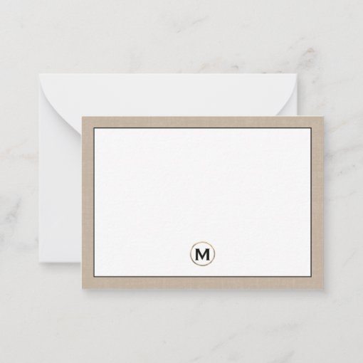 Beige Linen Gold Initial Monogram Note Card | Zazzle