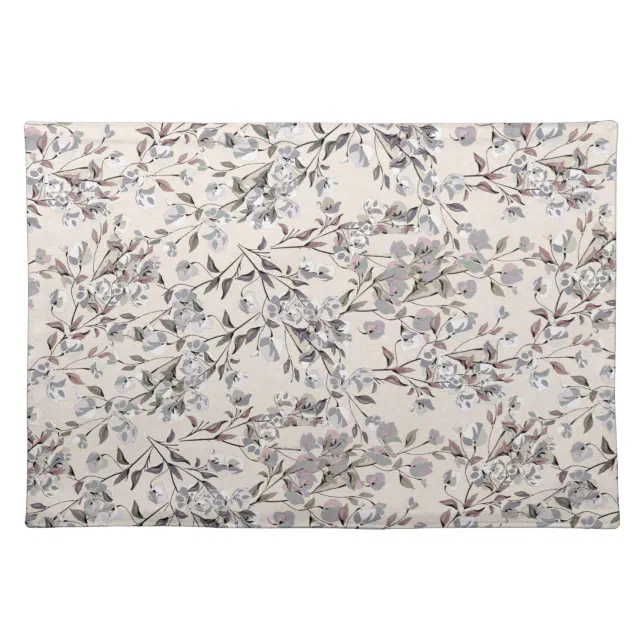Beige Linen & Gray Elegant Dainty Floral Pattern Cloth Placemat | Zazzle