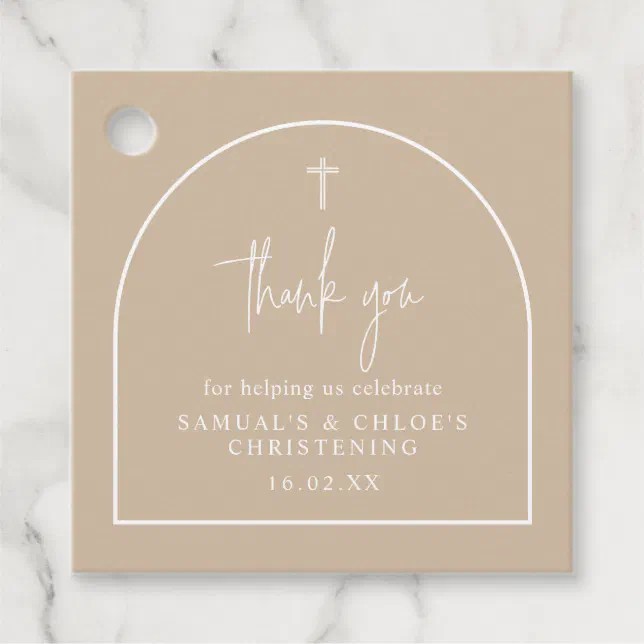 Beige Modern Arch Minimalist Joint Christening Favor Tags | Zazzle