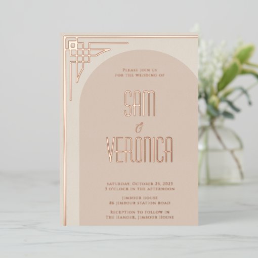 Beige Modern Deco Arch Foil Invitation | Zazzle
