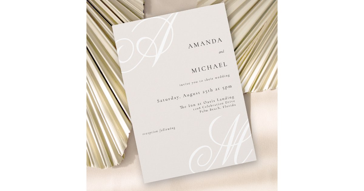 Beige Modern Elegant Minimal Monogram Wedding Invitation | Zazzle