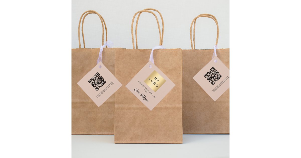 Beige name business logo QR code hang tag | Zazzle