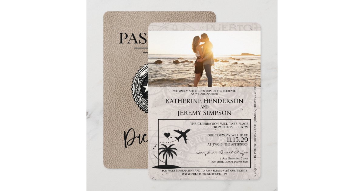 Beige Puerto Rico Passport Wedding Invitation | Zazzle