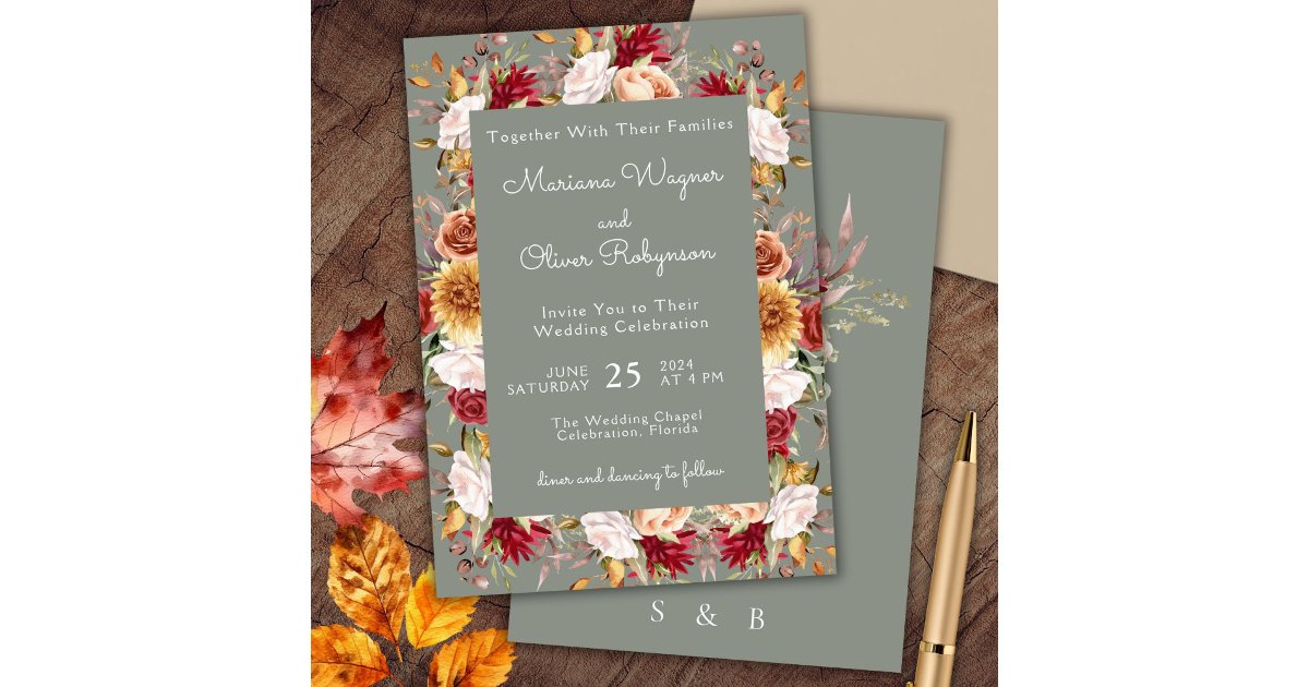 Beige Sage Green Fall Floral Wedding Invitation | Zazzle
