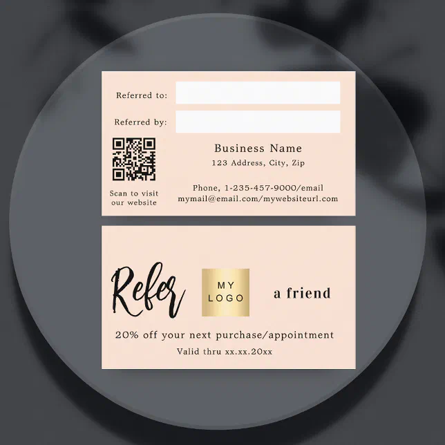 Beige sand qr code business logo referral card | Zazzle
