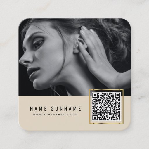Beige scannable barcode QR code photo Square Business Card | Zazzle