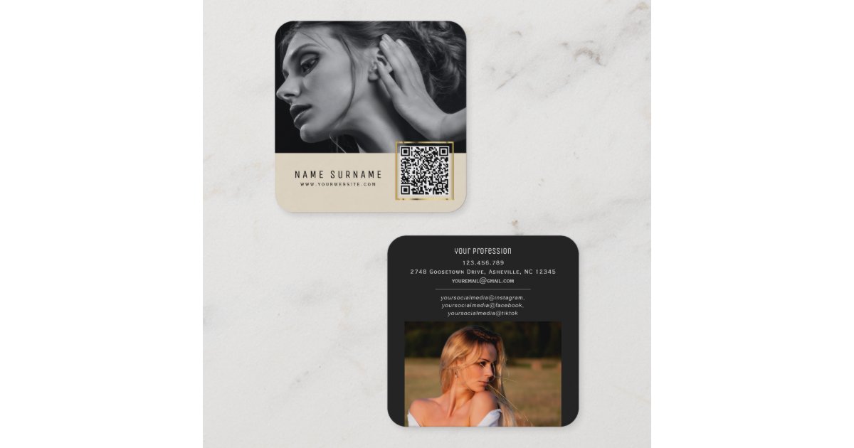 Beige scannable barcode QR code photo Square Business Card | Zazzle