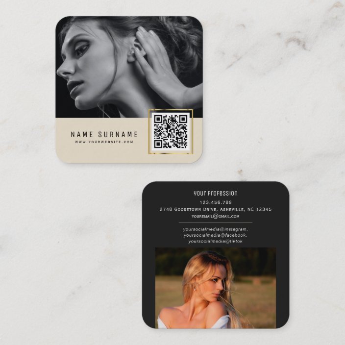 Beige scannable barcode QR code photo Square Business Card | Zazzle.com