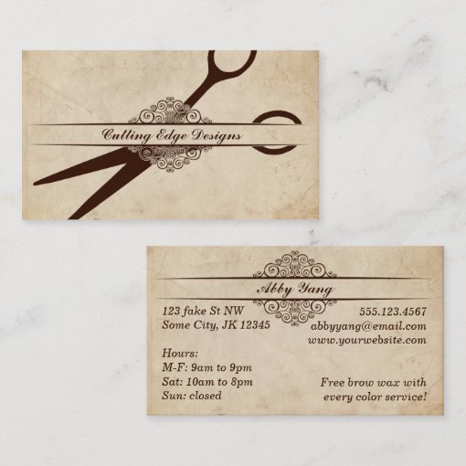 beige textured paper scissors hair stylist shears business card | Zazzle