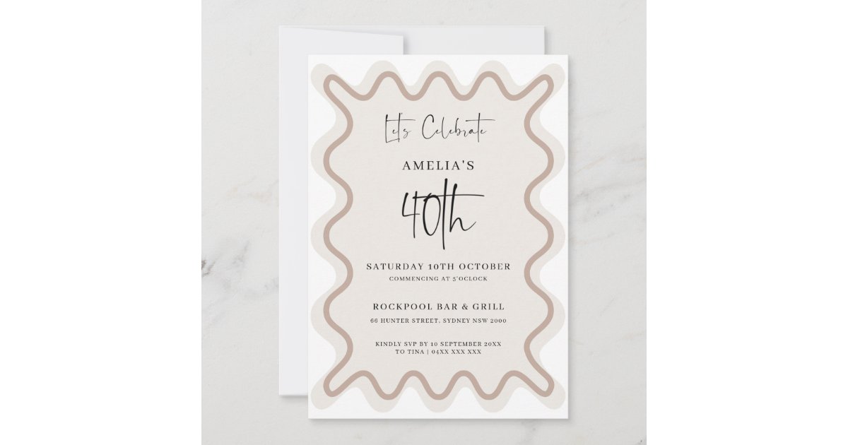 Beige White Wavy Border 40th Birthday Invitation | Zazzle