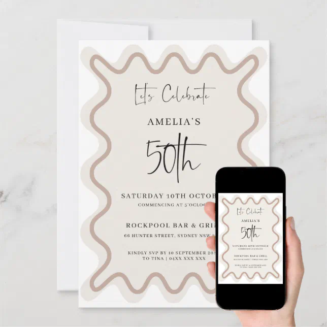 Beige White Wavy Border 50th Birthday Invitation | Zazzle