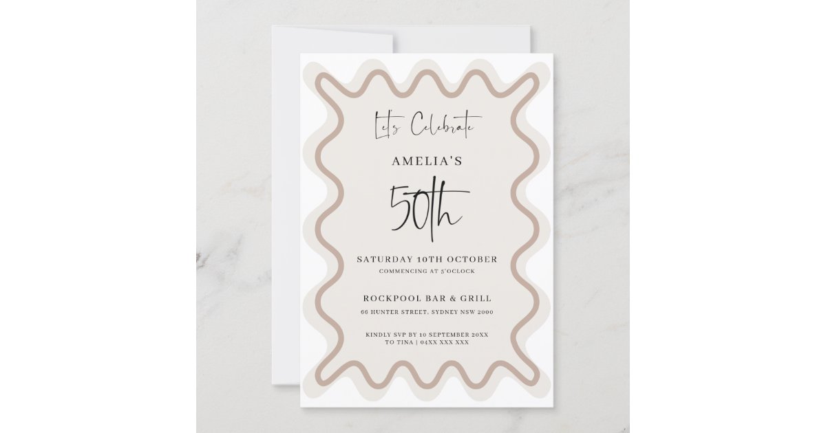Beige White Wavy Border 50th Birthday Invitation | Zazzle