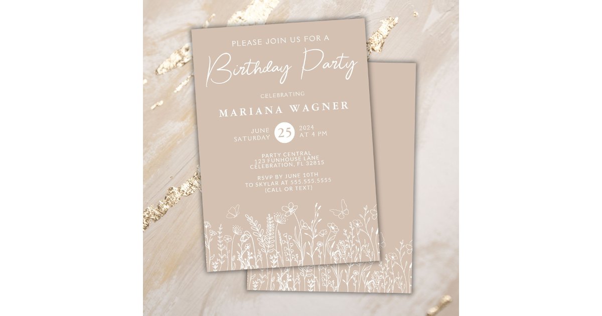 Beige Wildflowers Birthday Party Invitation | Zazzle