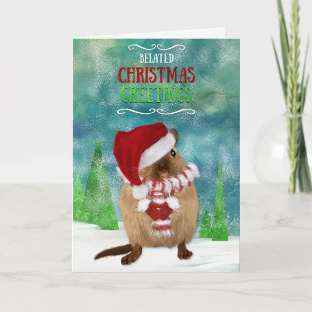 Belated Christmas Gerbil Santa Hat in Winter Scene Holiday Card | Zazzle