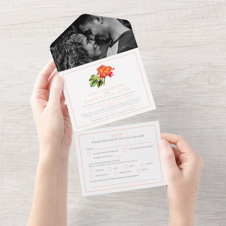 Belated Wedding tea rose watercolor coral orange All In One Invitation ...