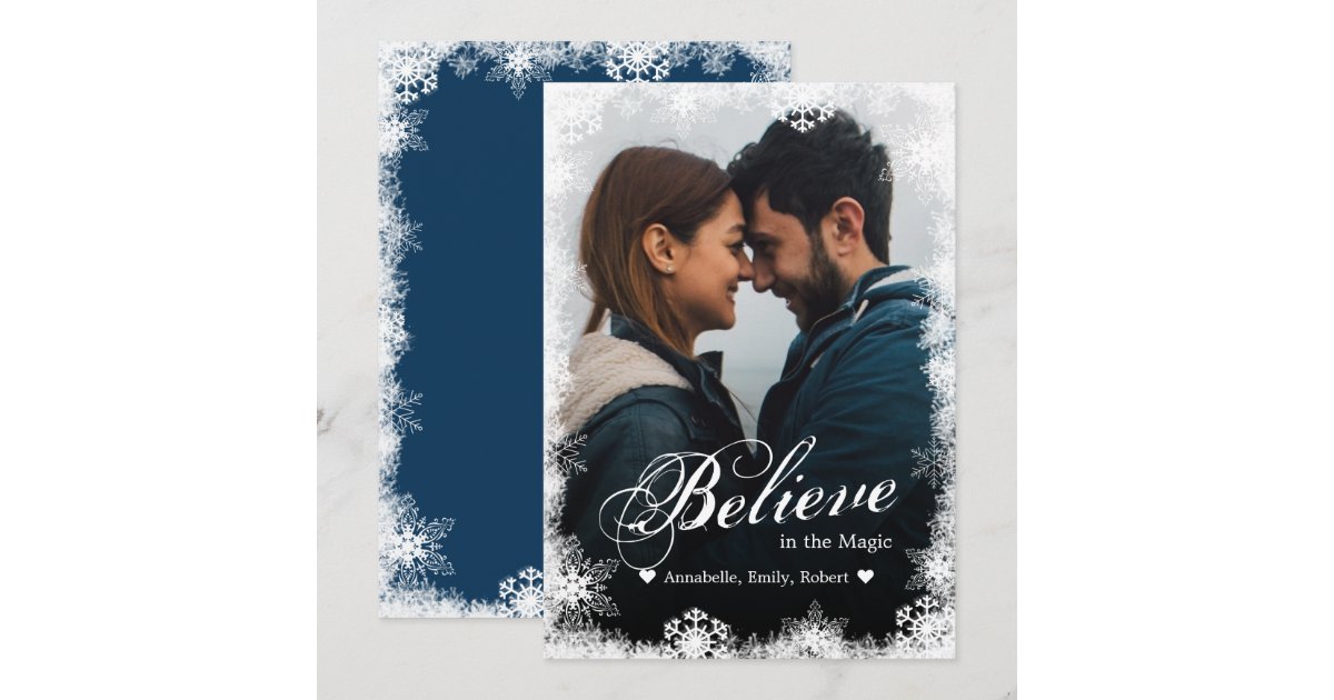 Believe Christmas Cards Modern Snowy Holiday Photo | Zazzle