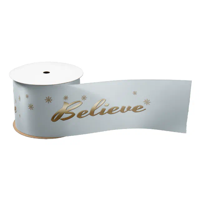 Believe Gold Text design Holiday Gift Satin Ribbon | Zazzle
