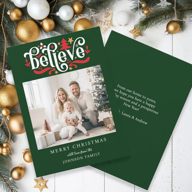 Believe-Merry Christmas! Modern, simple photo Holiday Card | Zazzle