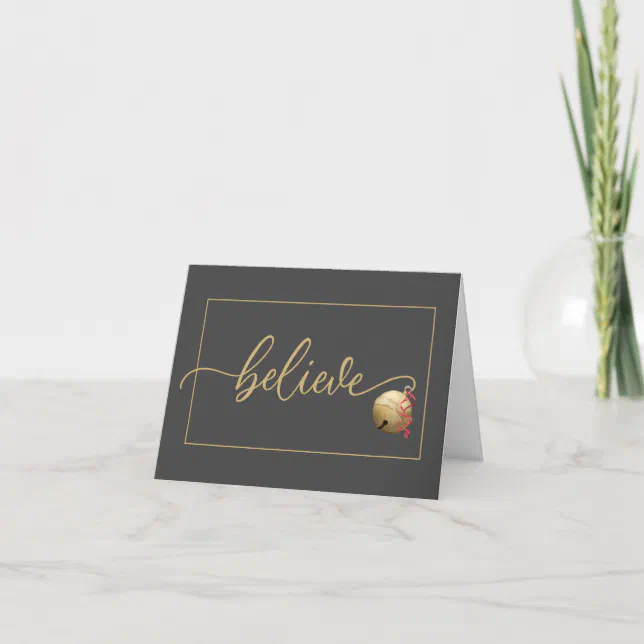 Believe Script with Jingle Bell Card | Zazzle