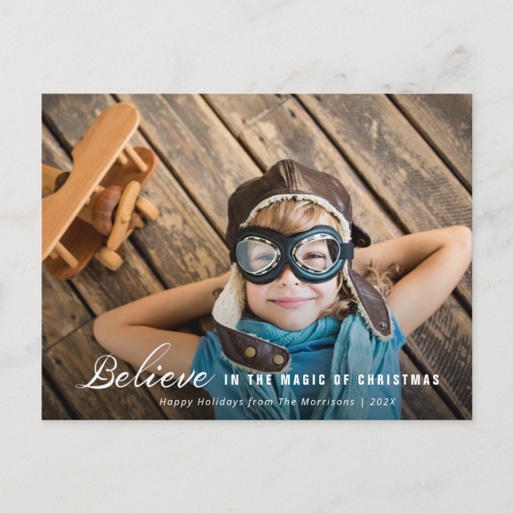 BELIEVE | white text overlay christmas card | Zazzle