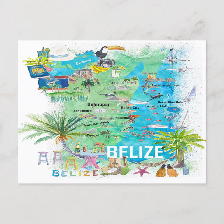 Belize Caribbean Illustrated Travel Map with Roads Postcard | Zazzle