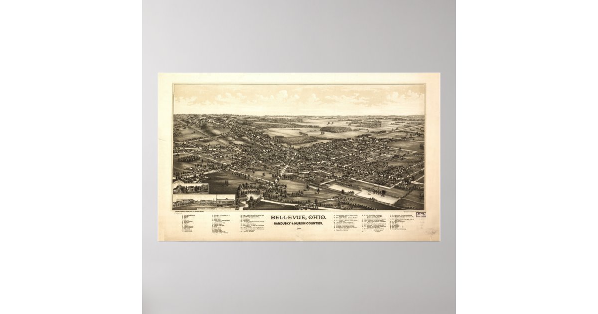 Bellevue Ohio 1888 Antique Panoramic Map Poster | Zazzle