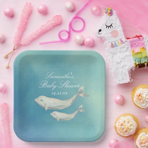 Beluga Whale Mom and Calf Baby Shower Paper Plates | Zazzle