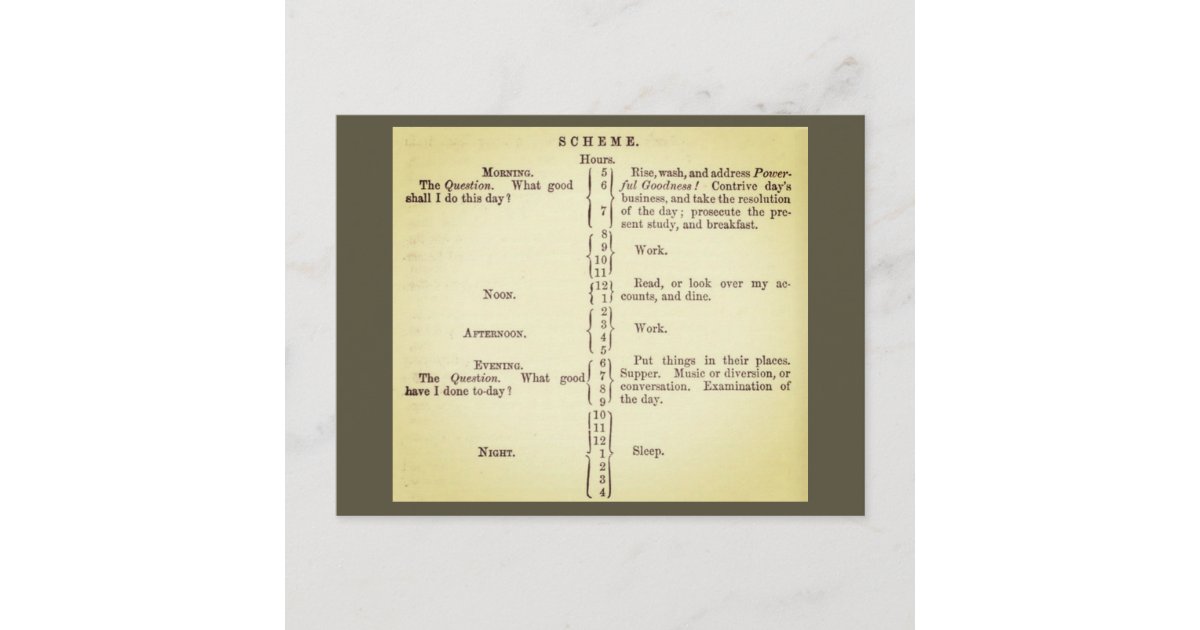 Benjamin Franklin's routine schedule Postcard | Zazzle