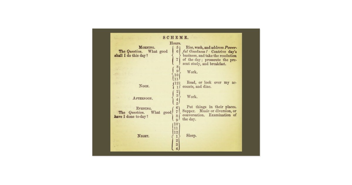 Benjamin Franklin's routine schedule Postcard | Zazzle.com