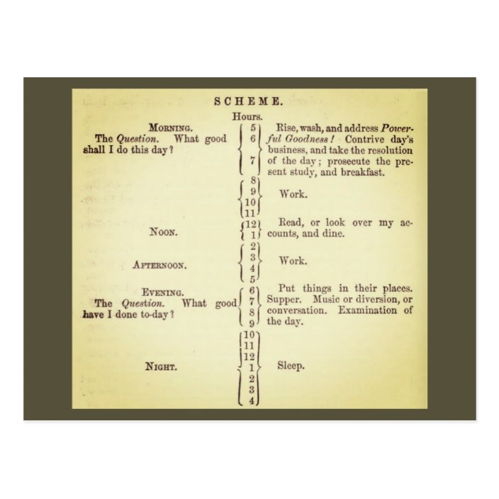 Benjamin Franklin's routine schedule Postcard | Zazzle.com