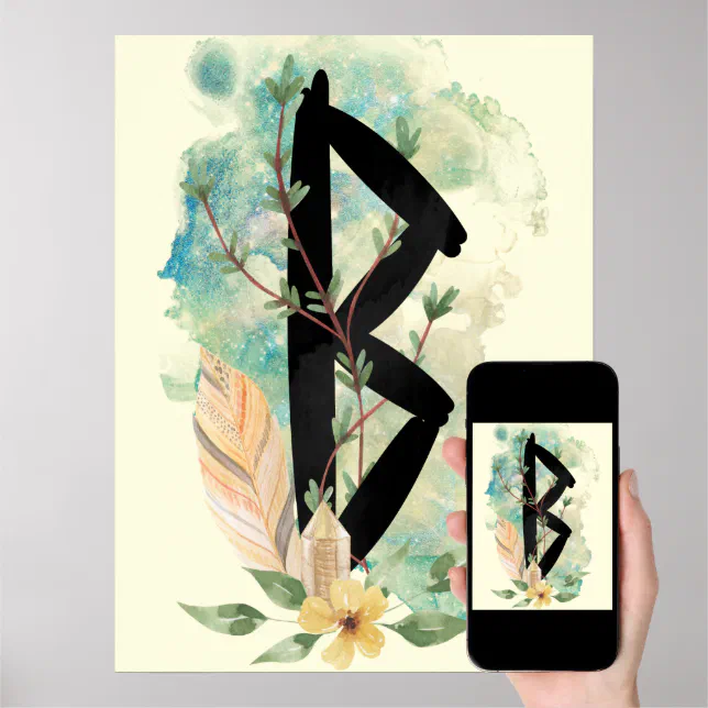 Berkano Floral Green & Yellow Norse Futhark Rune Poster | Zazzle