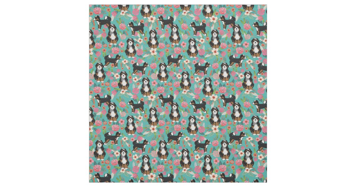Bernedoodle dog vintage florals turquoise fabric | Zazzle