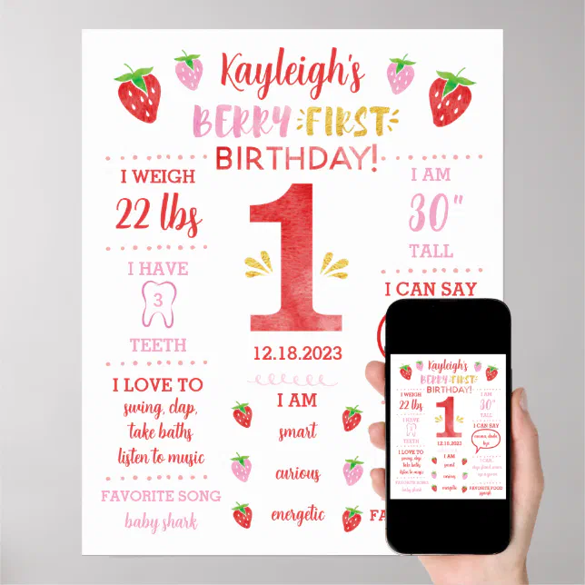 Berry 1st Birthday Milestone Poster Red Gold | Zazzle