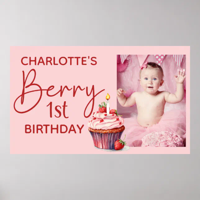Berry 1st Birthday Pink Red Strawberry Name Photo Poster | Zazzle