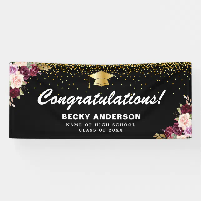 berry blush watercolor floral graduation banner | Zazzle