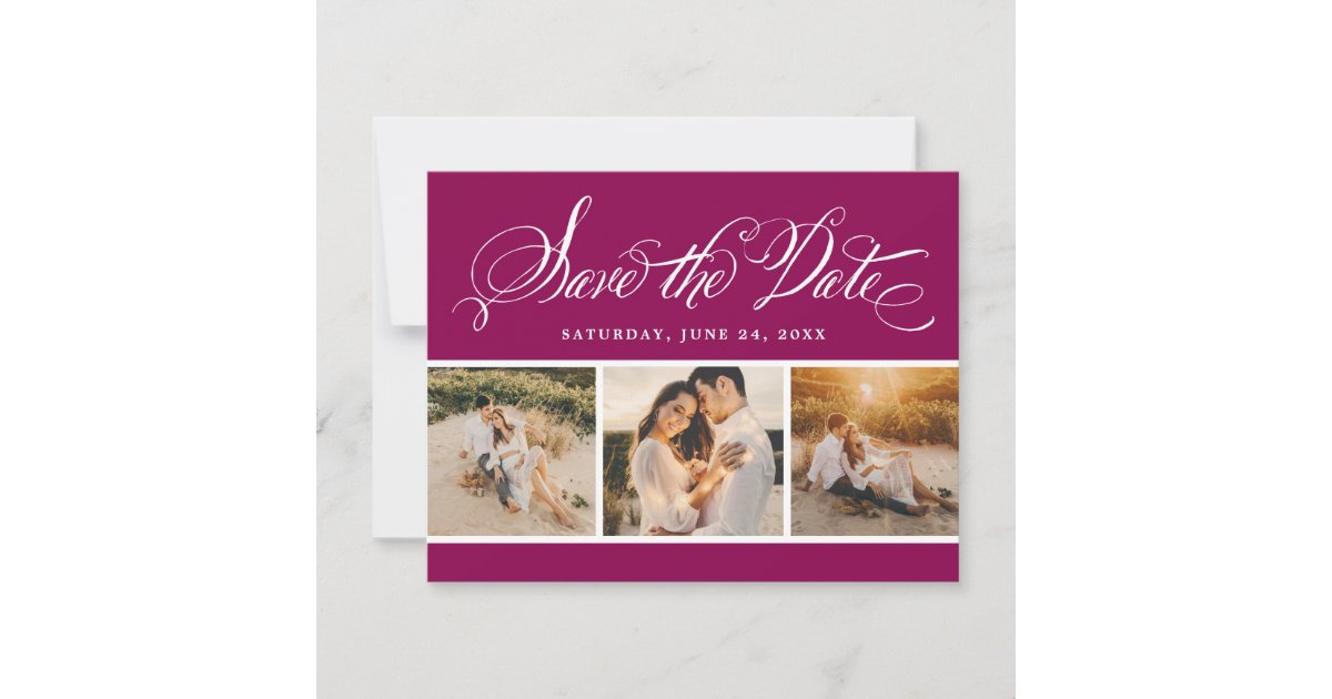 Berry Calligraphy Script Wedding Photo Collage Save The Date | Zazzle