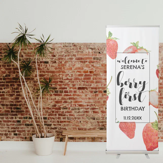 Berry First | 1st Birthday | Strawberry Welcome Retractable Banner | Zazzle