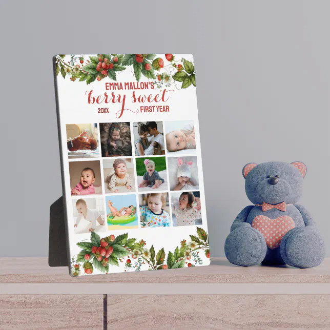 Berry First Birthday 12 months Baby Photo Collage Plaque | Zazzle
