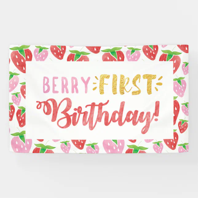 Berry First Birthday Banner Red Pink Strawberry | Zazzle