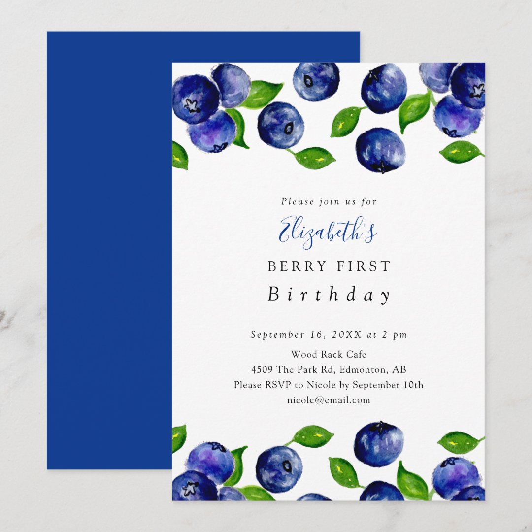 Berry First Birthday Blueberry Watercolor Elegant Invitation | Zazzle