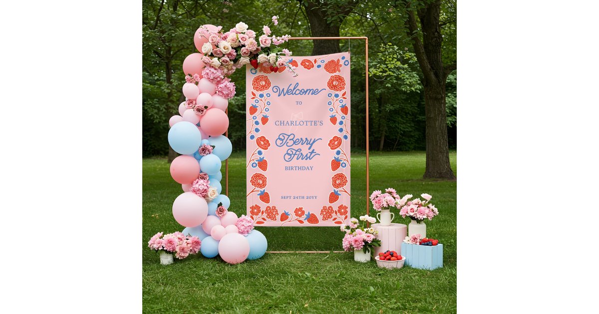 Berry First Birthday Floral Strawberry Welcome Banner | Zazzle