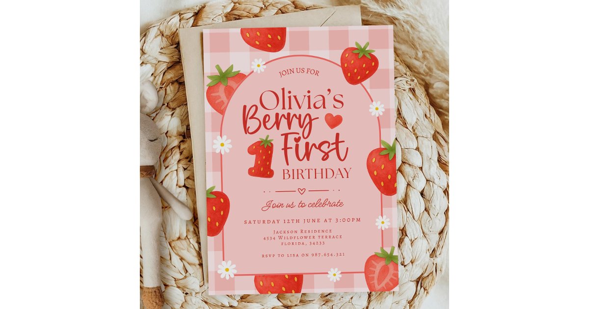 Berry First Birthday Invitation Template Berry 1st | Zazzle