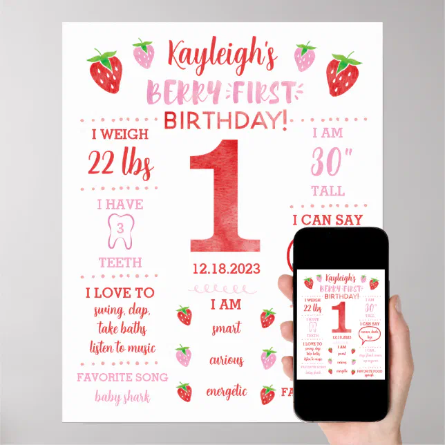 Berry First Birthday Milestone Poster | Zazzle