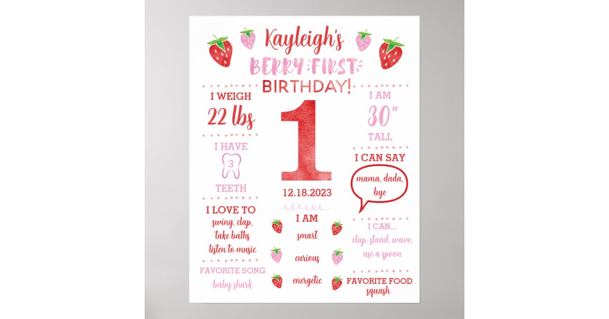 Berry First Birthday Milestone Poster | Zazzle