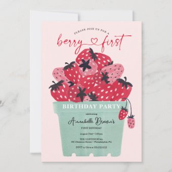 Berry First Birthday Party with Photo Strawberry Invitation | Zazzle