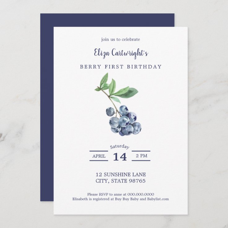 Berry First Birthday Simple Blueberry Invitation | Zazzle
