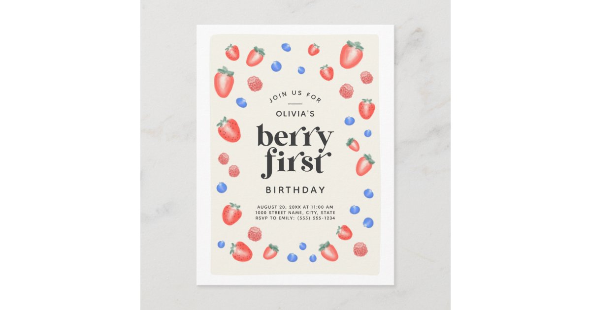 Berry First Birthday Strawberry Birthday Postcard | Zazzle