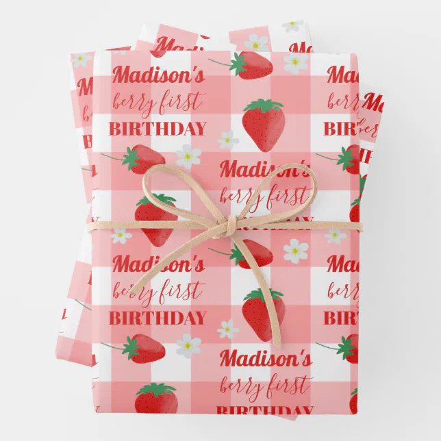 Berry First Birthday Strawberry First 1st Name Wrapping Paper Sheets ...