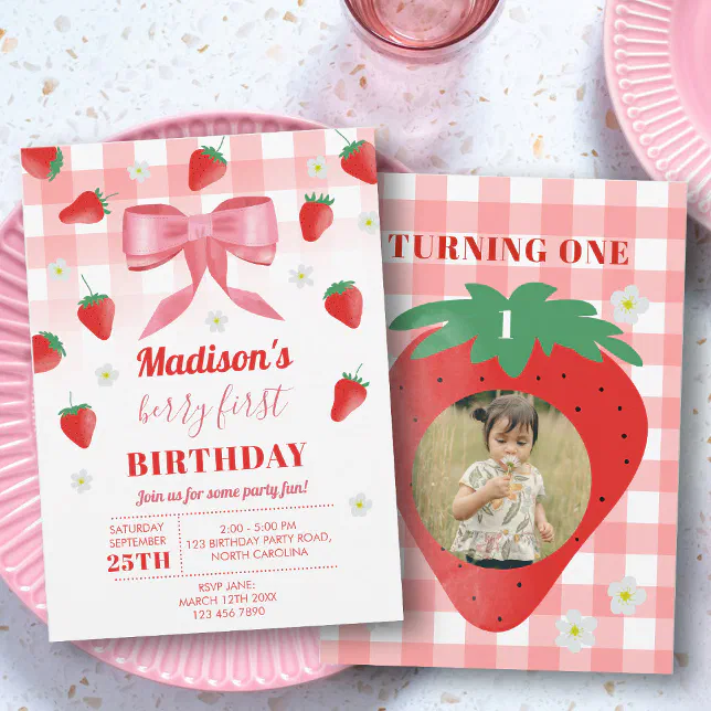 Berry First Birthday Strawberry First Photo Bow Invitation | Zazzle
